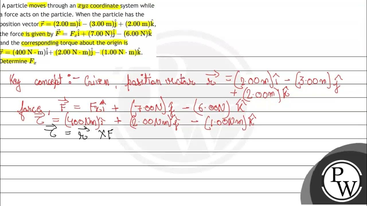 A particle moves through an \( x y z \) coordinate system while a force acts on the particle. Wh ...