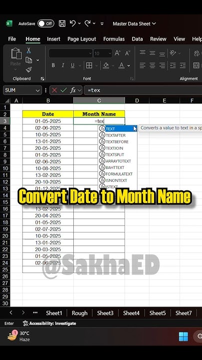 How to Convert Date to Month Name in Excel | TEXT Formula Explained | SakhaED - YouTube