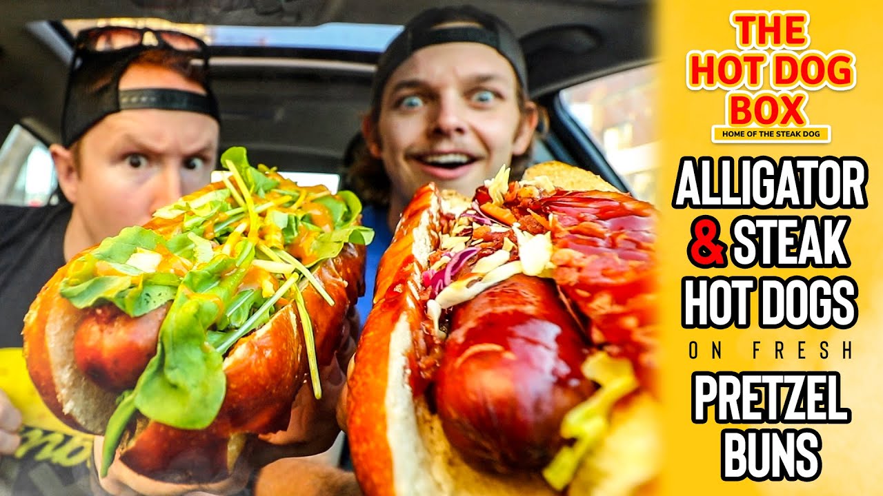 Eating Alligator Hot Dogs & Steak Hot Dogs from The Hot Dog Box 🌭🐊🥩 ...