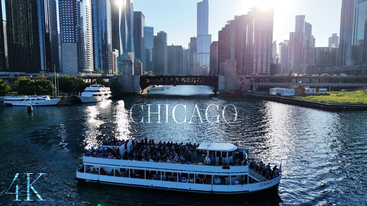 Droning Over The Chicago River, Downtown City Skyscrapers 4K - YouTube
