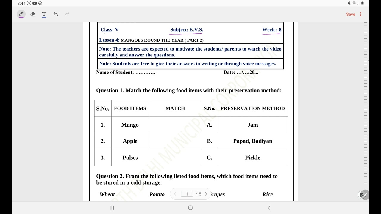 Class 5 EVS Worksheet solution Week 8(21/7/21) Topic: Lesson 4 Mangoes ...