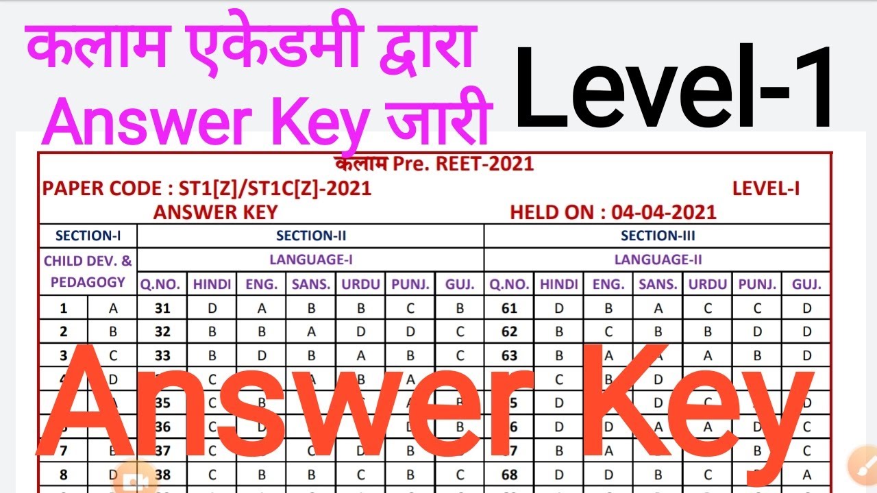 Kalam Pre Reet 2021 Answer key Level 1 ।। Kalam acadamy sikar pre reet ...