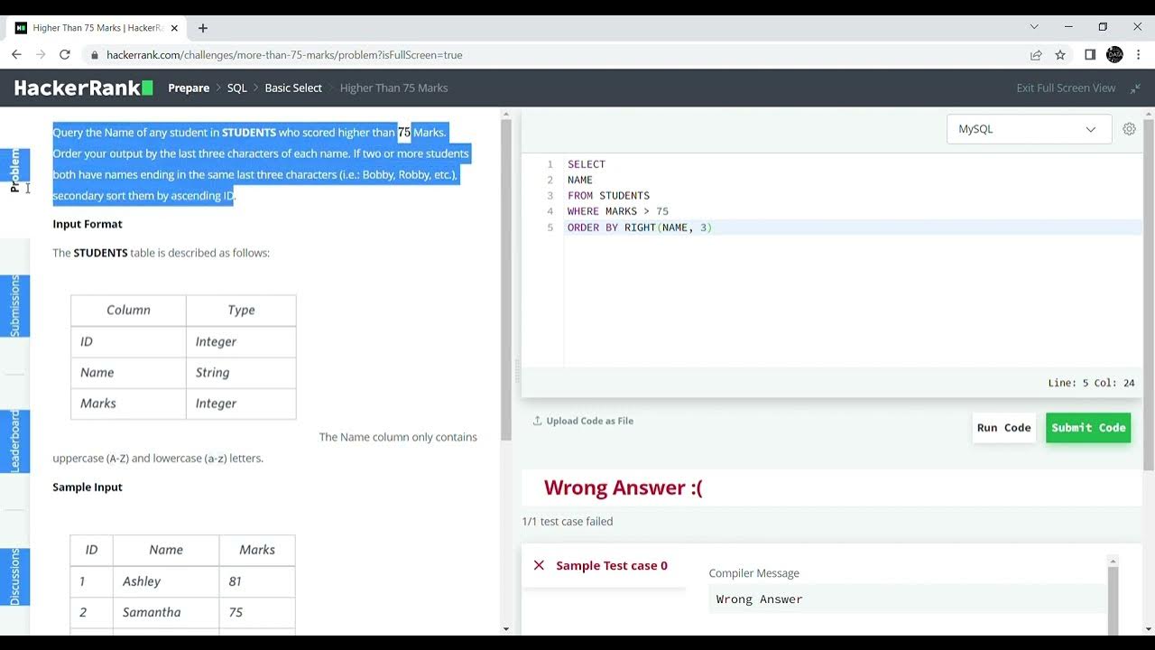 HackerRank SQL || Higher Than 75 Marks || SQL Learning - YouTube