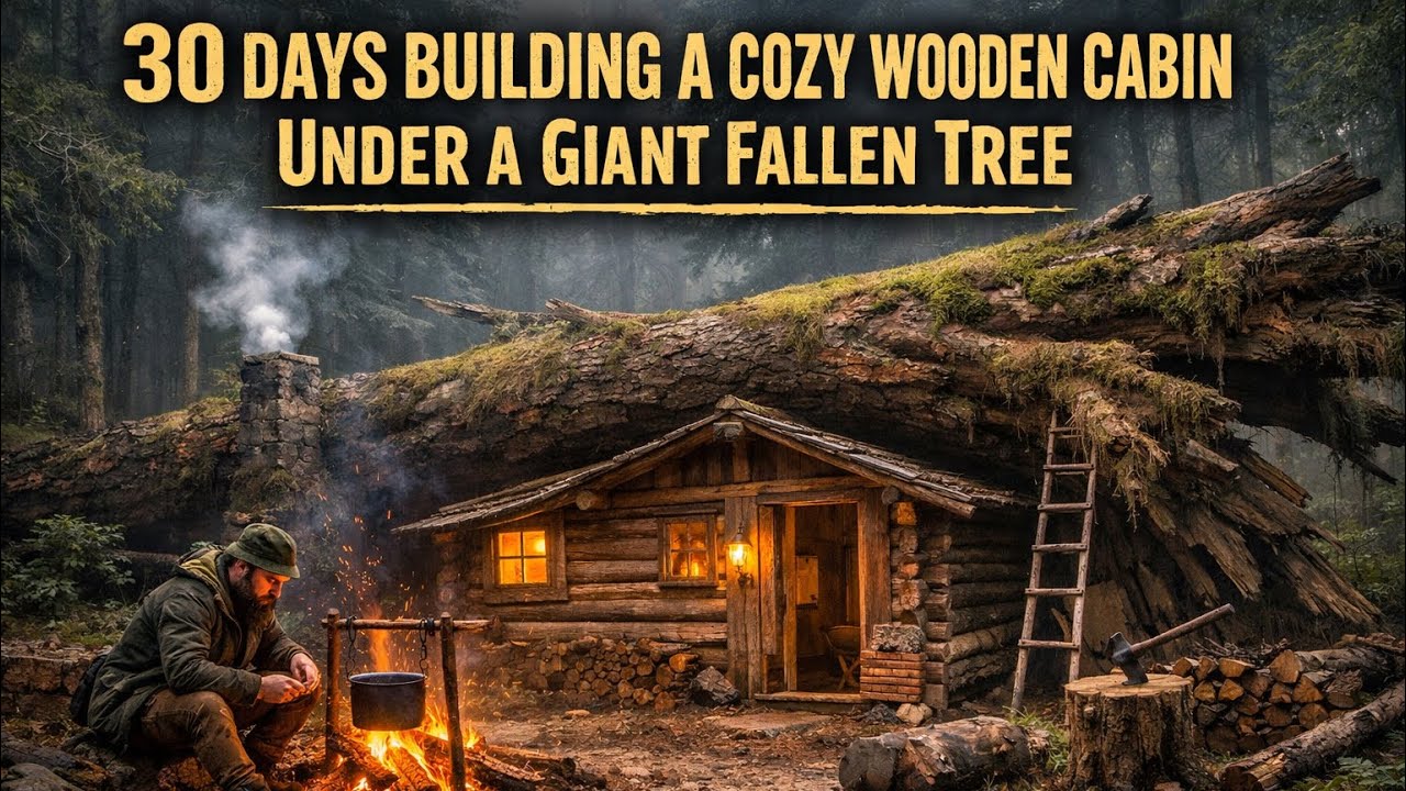 I Built a Hidden Cabin Under a Fallen Tree in 30 Days - YouTube