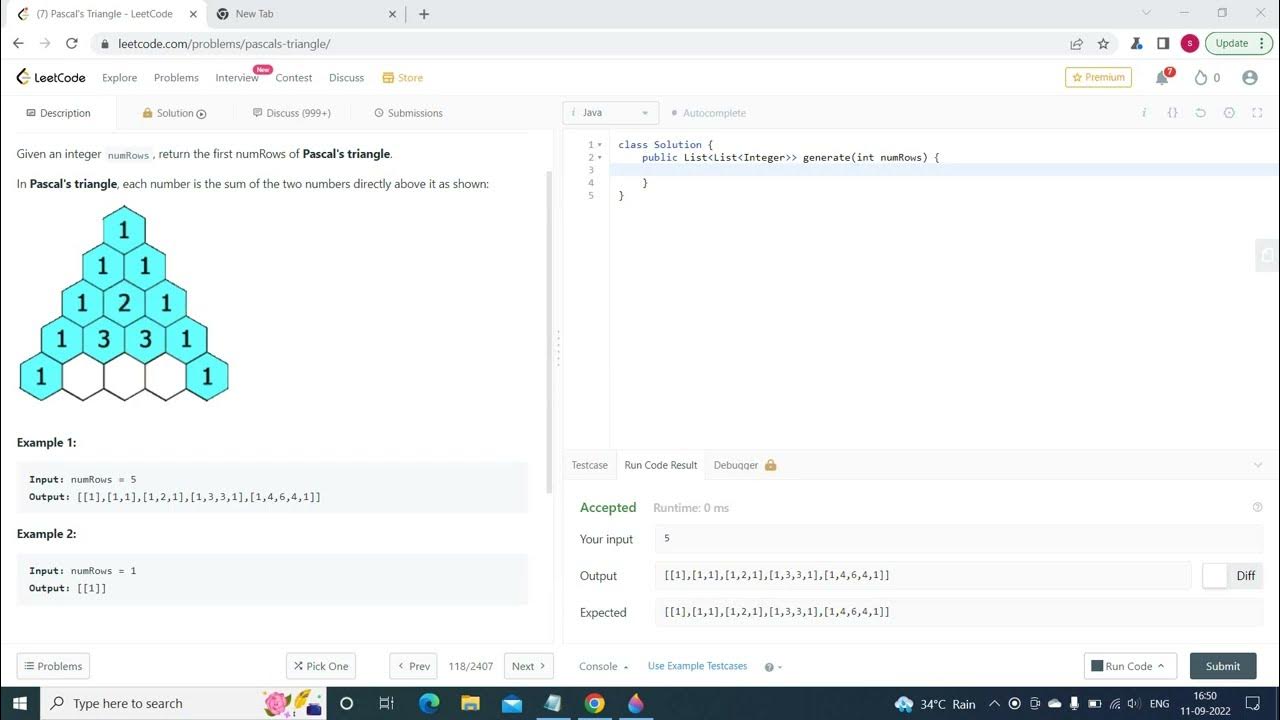 Pascals Triangle Leetcode Java Explanation Solution Youtube