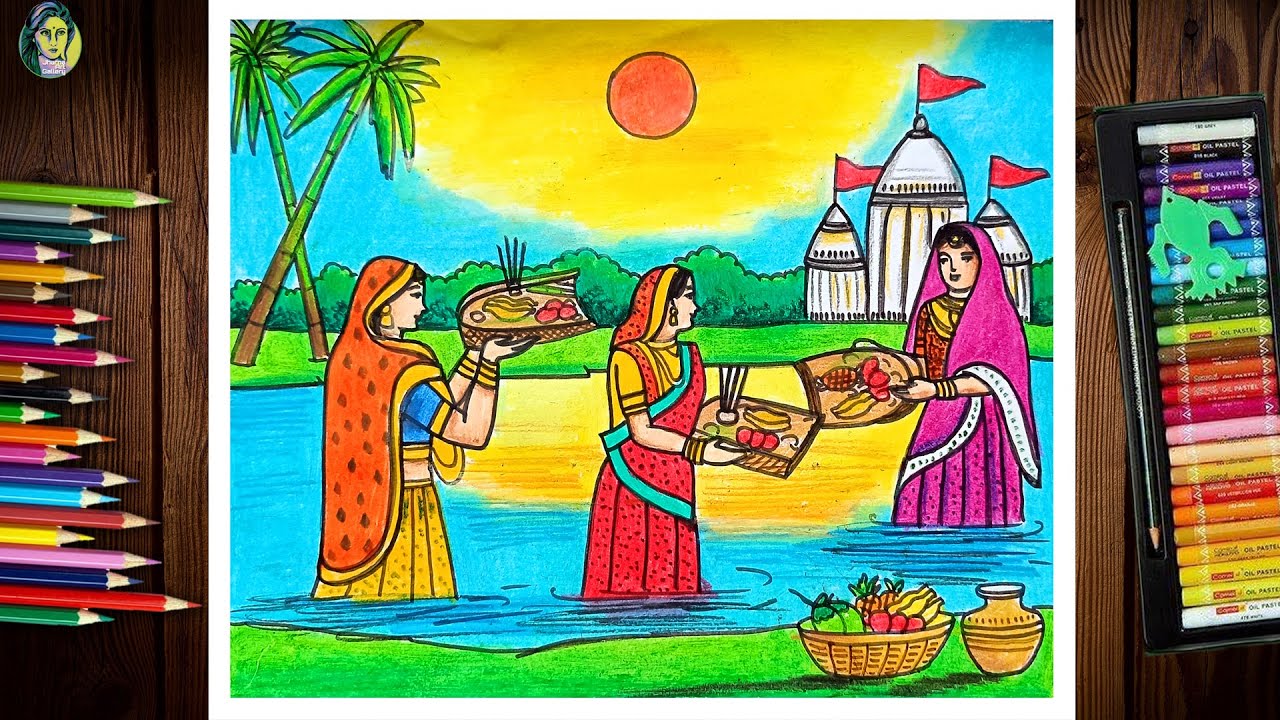 Chhath Puja Special Drawing Easy | How To Draw A Scenery Of Chhath Puja ...