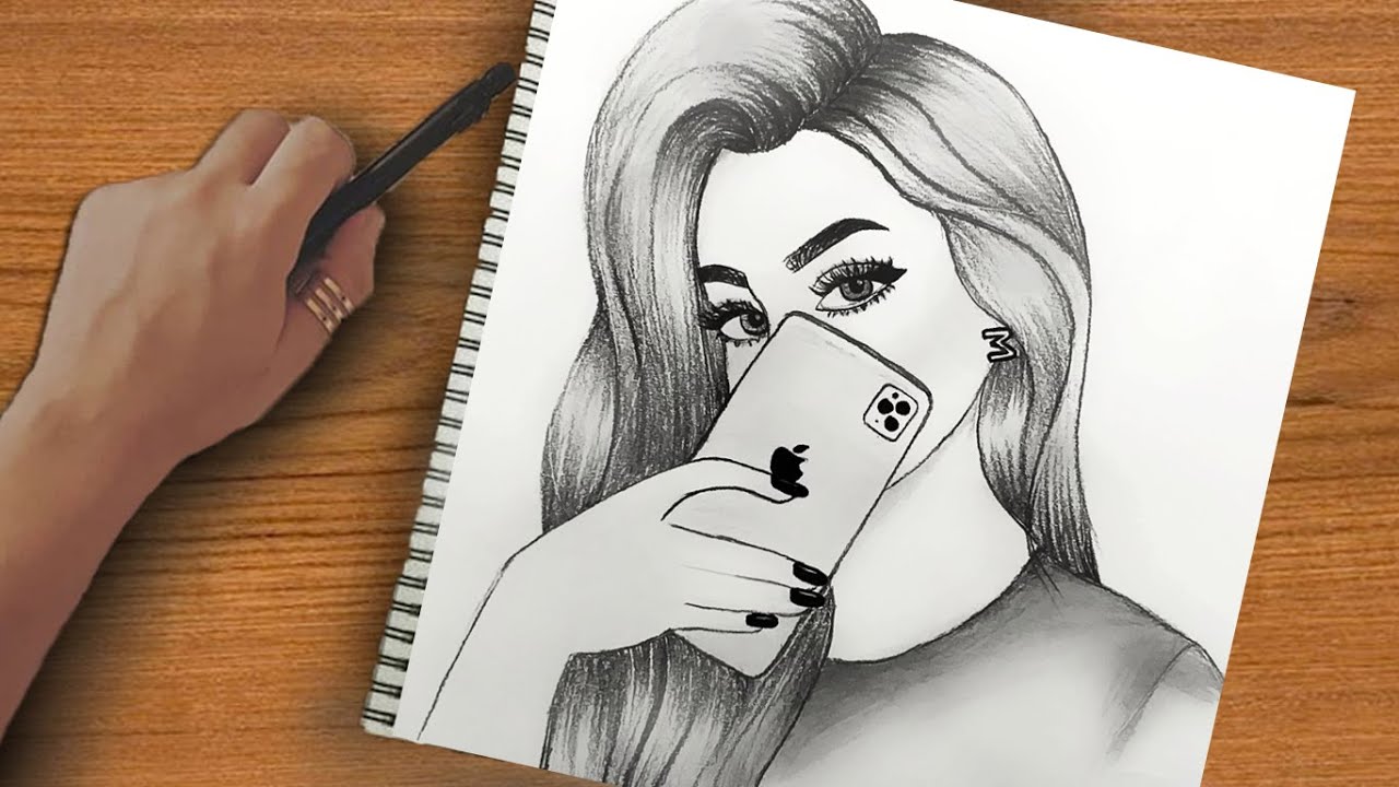 تعليم رسم بنت كيوت تتصور سيلفي بأيفون 12 بالقلم الرصاص للمبتدئين بطريقة سهلة رسم بنات Youtube