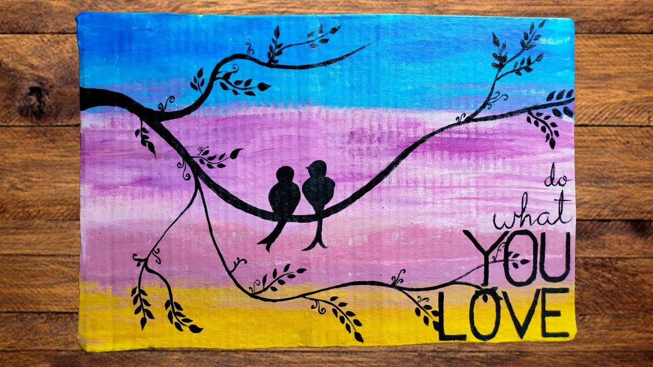 how to draw birds sitting on branch || easy birds painting on tree ...