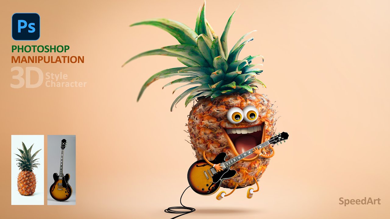 3d style cartoon character of pineapple playing guitar / compositing in ...