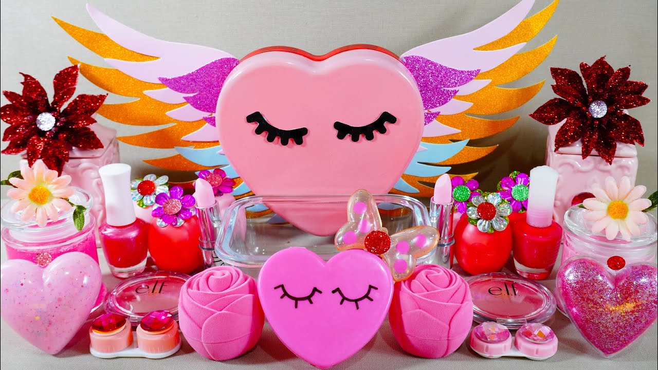 Pink Hearts slime mixing with glitter, clay and eyeshadow 💖 ★ASMR ...