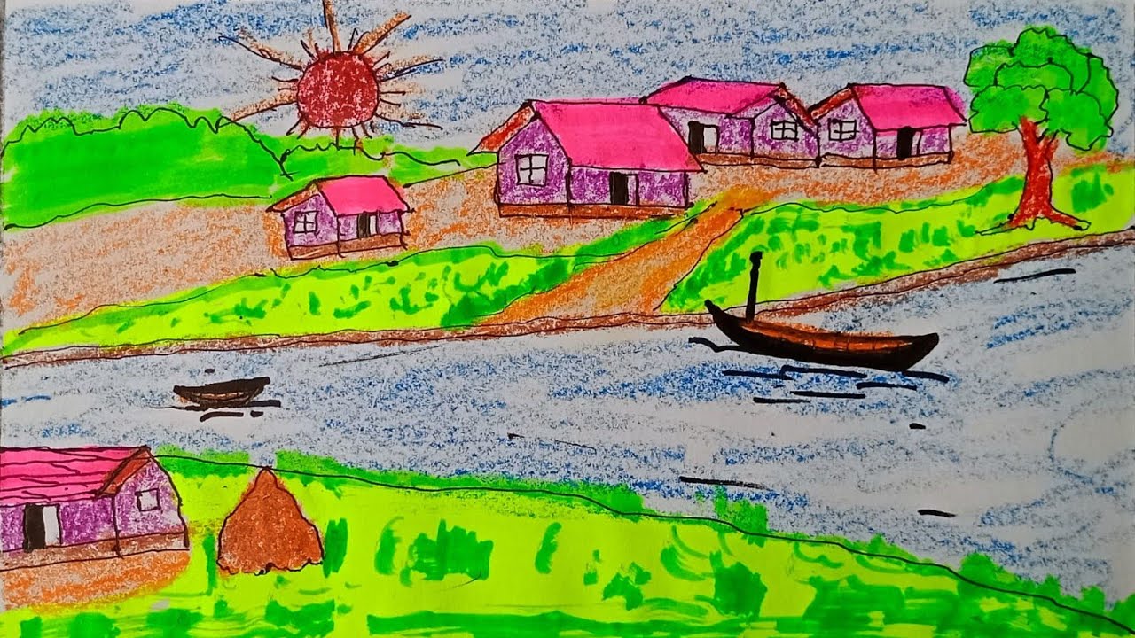 Scenary Drawing | How to draw Scenery | ঘরবাড়ি আঁকা | Drisso aka - YouTube
