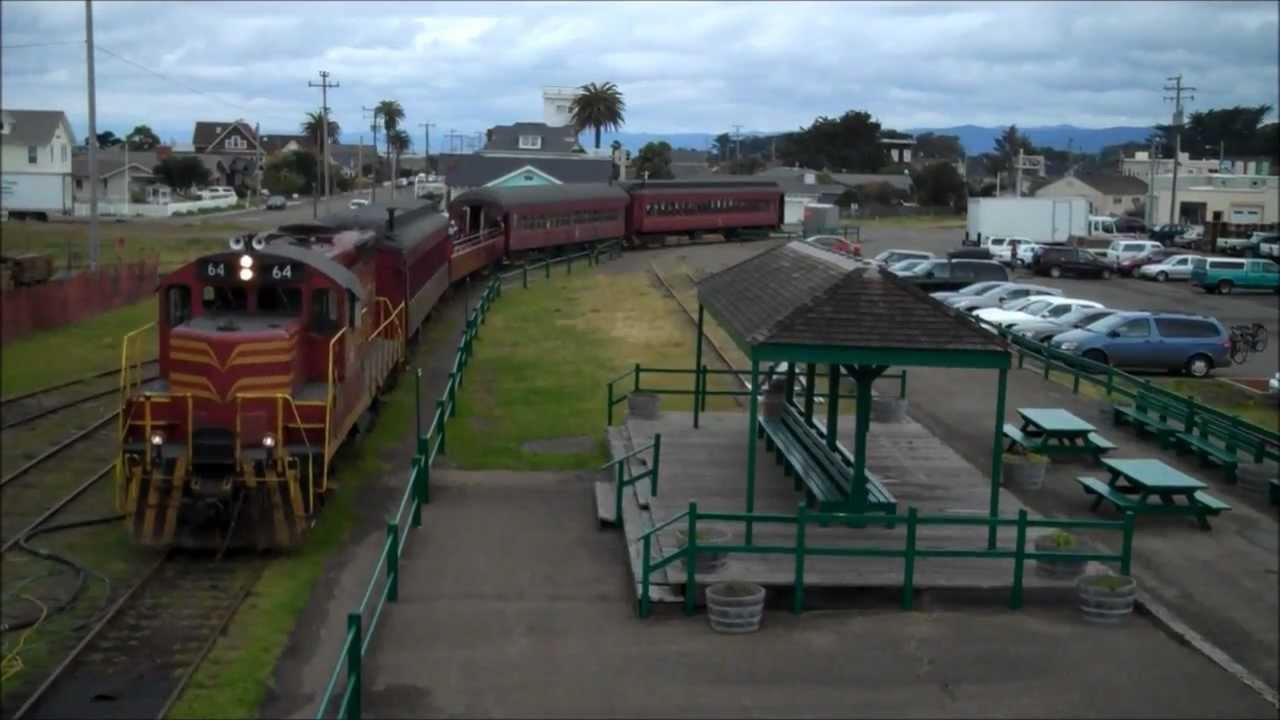 CWR Skunk Train #64 Pulling into Fort Bragg Station & Pulling Back Out ...