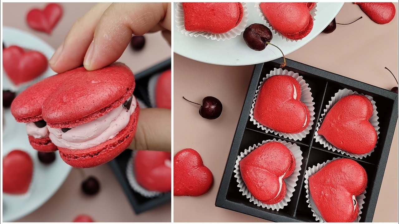Heart shape macarons how to make, Black forest macaron recipe - YouTube