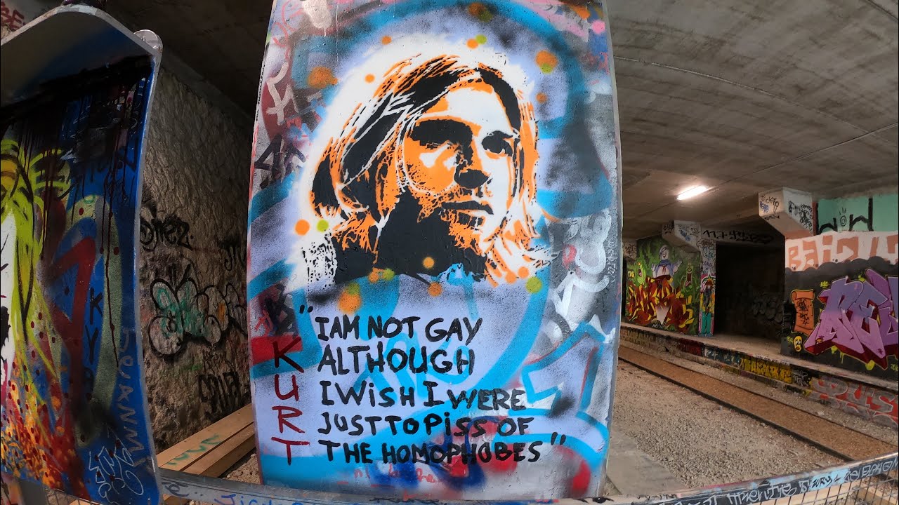 Graffiti and Kurt Cobain stencil abandoned tracks Paris - YouTube
