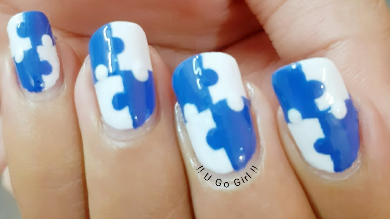 Puzzle Nail Art Design 🧩🧩 | White and Purple Puzzle Nail Art Design (28 ...