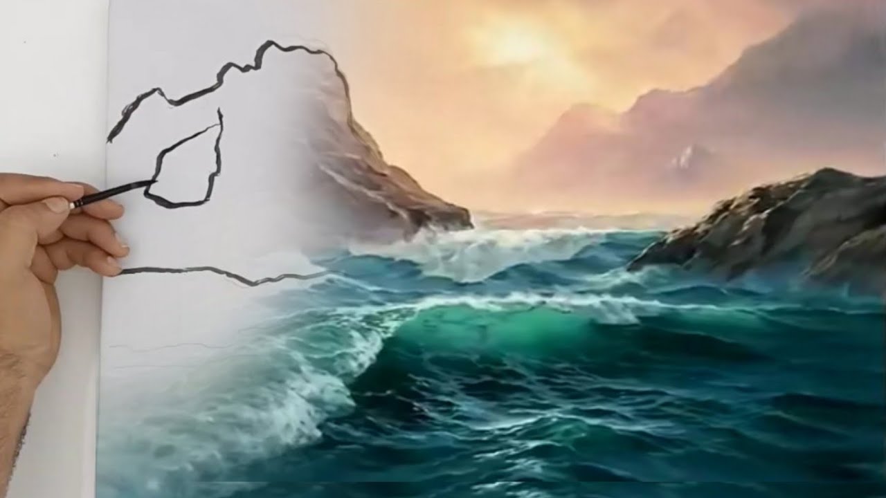 In a professional way, learn to draw sea waves and mountains in ...