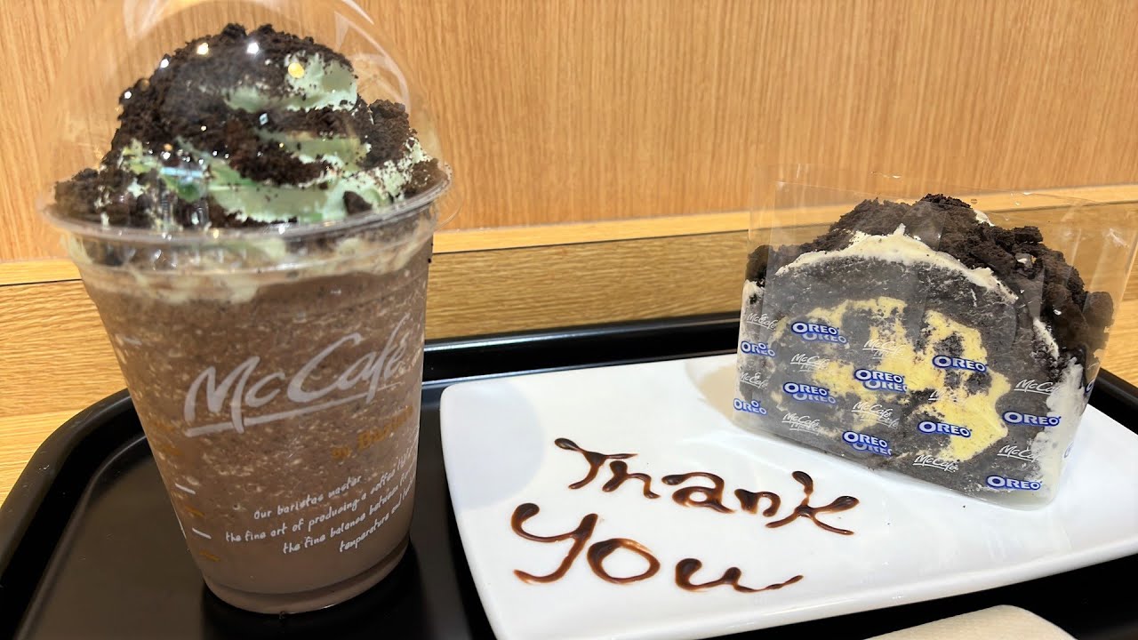 McDonald's Choco Mint Frappe with OREO Cookie and Banana Roll Cake with ...