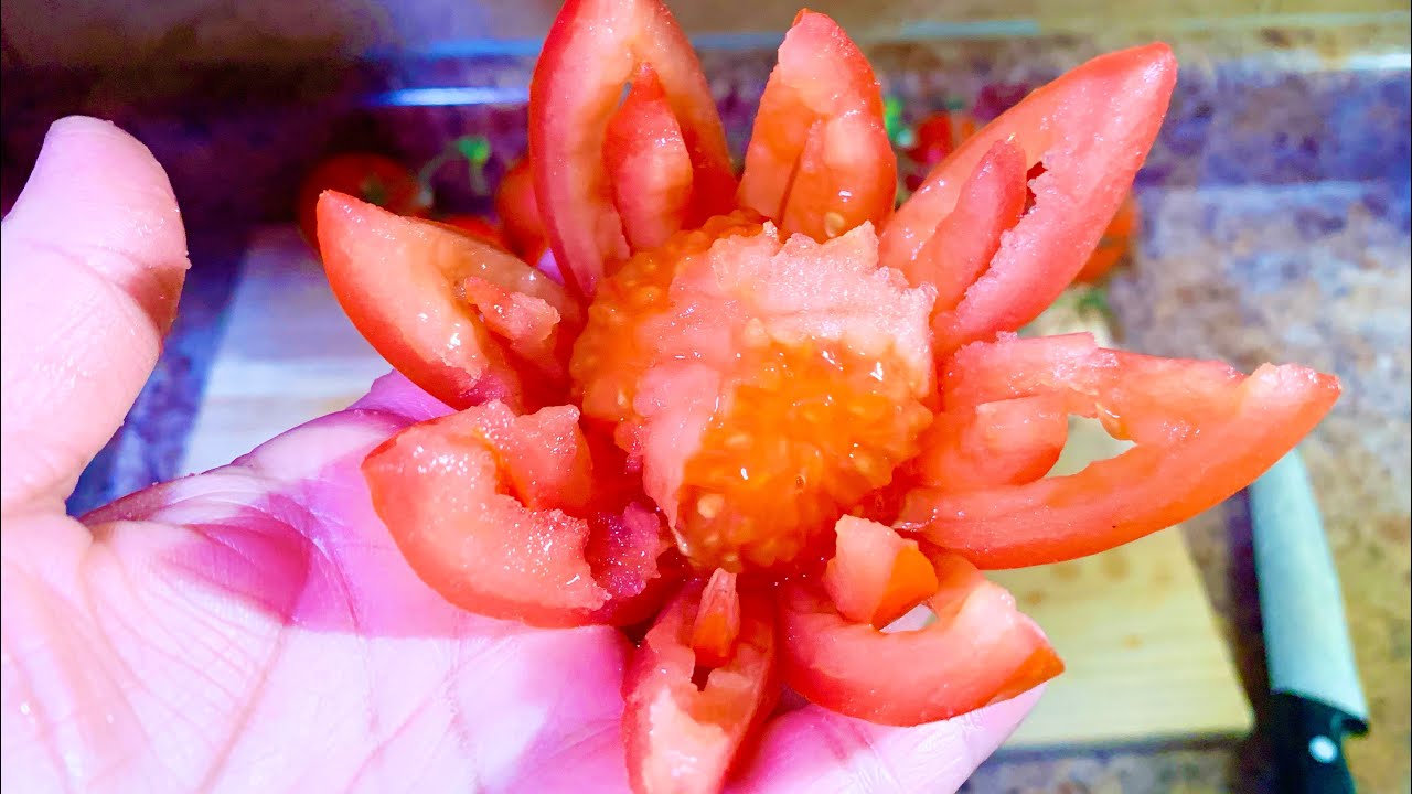 How to make flowers with tomato!! easiest and beautiful Tomato carving ...