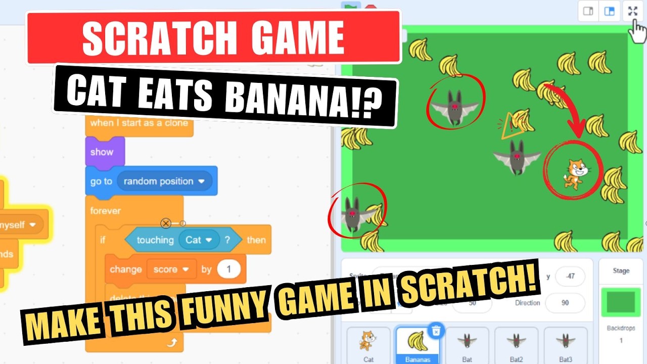 (Scratch Game Projects #5) How to Make a Cat Eat Banana Game | Step-by ...