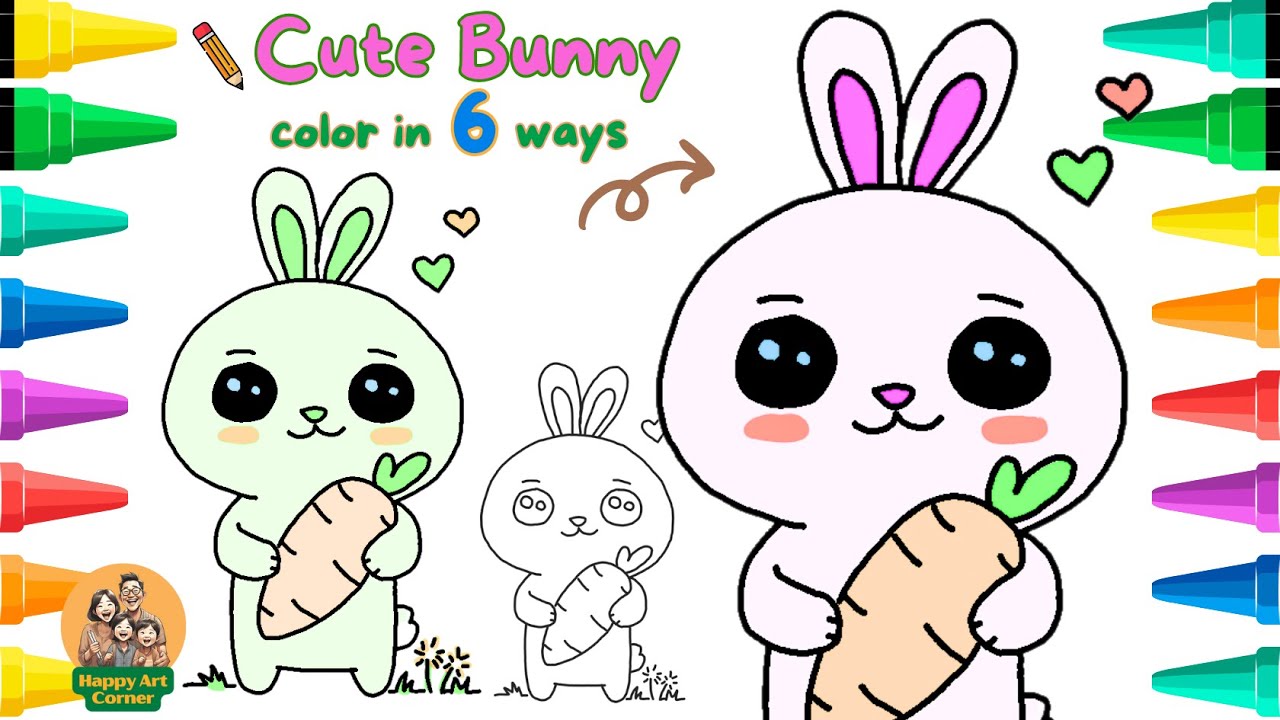 How to Draw a Cute Bunny Easy and color in 6 ways - YouTube