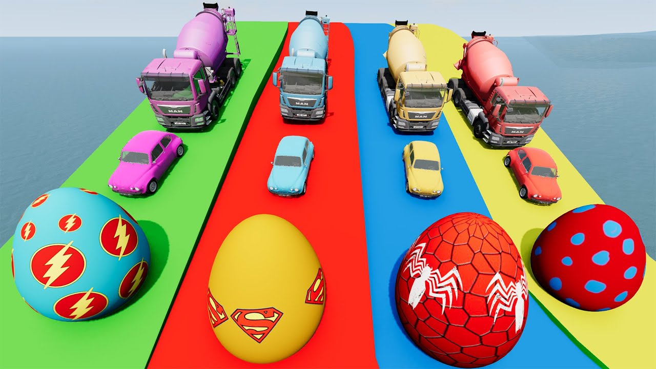 Cars Vs Super Easter Eggs Racing Trap With Explode Barrels & Bombs in ...