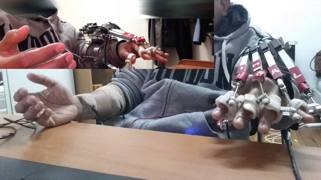 A hand exoskeleton driven by two EMG channels 6 fi - YouTube