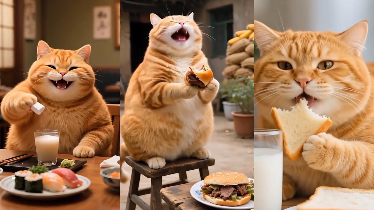 The Cutest Mama Cat Foodie Ever! Cat Eats Bread, Sushi & Burgers Like a ...