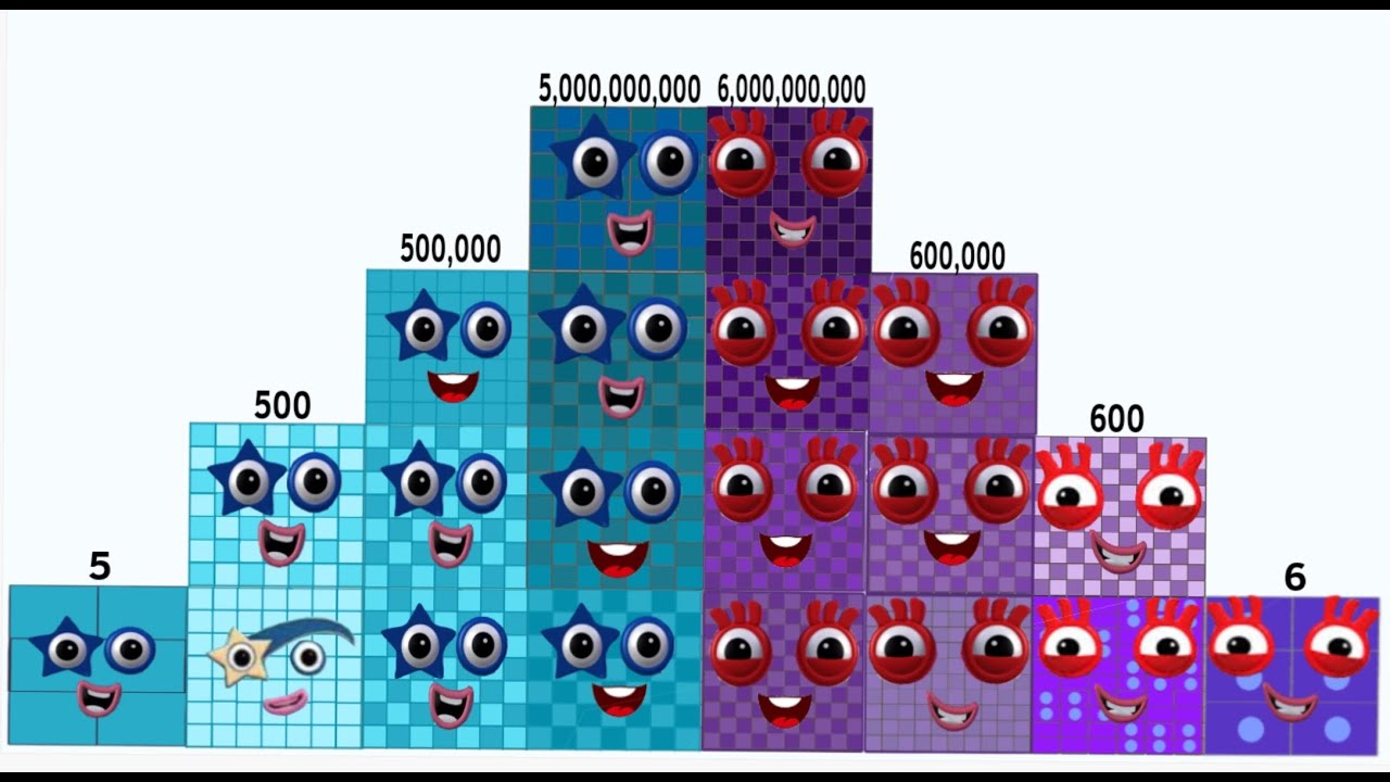 Numberblocks 5 to 5,000 000 000 and 6 to 6,000 000 000 in the shape of ...