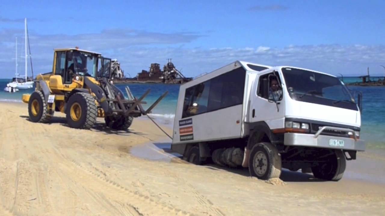Moreton Island Volvo L60F Recovers Bogged Canter Tour 4WD Bus Recovery ...