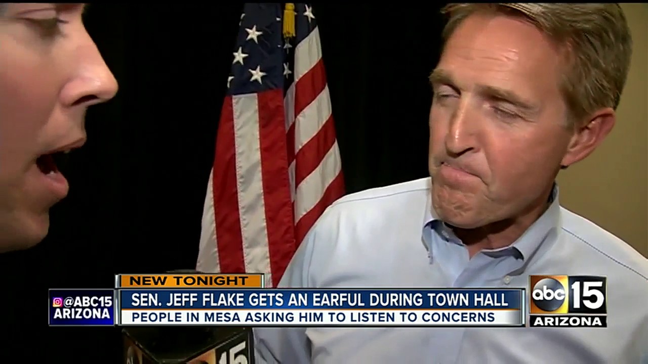Senator Flake met by jeering crowd at Mesa town hall meeting - YouTube