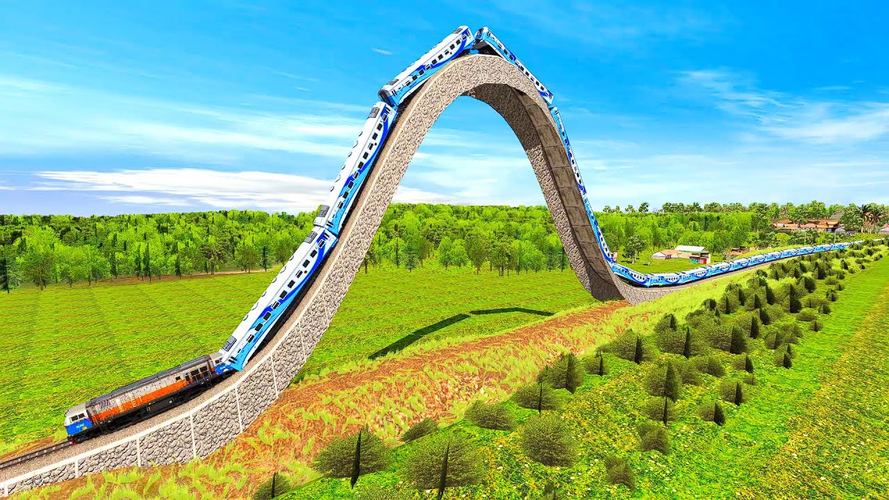 3 TRAINS CLIMB GIANT BUMPY FORKED RAILROAD CROSSING-SPEED BUMP RAILROAD ...