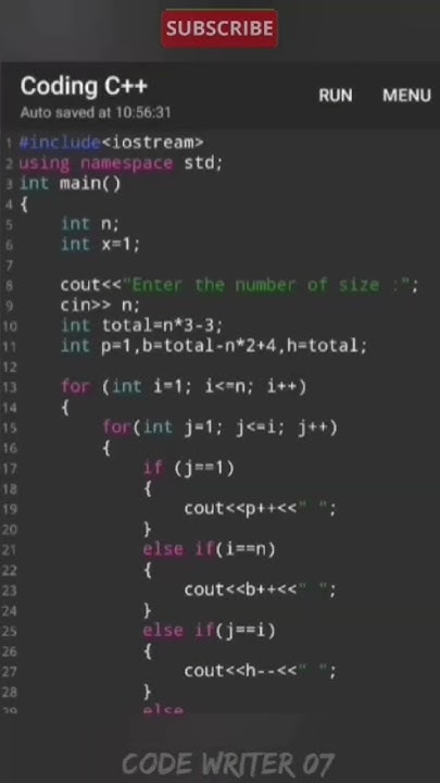 Best C++ pattern program tutorial video || 💯🧠 #codewriter07 #coding #youtubeshorts #programming ...