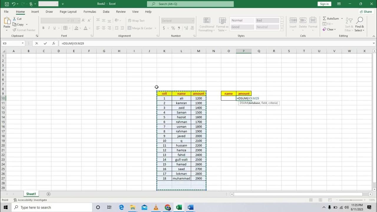 Dsum function in MS excel - YouTube