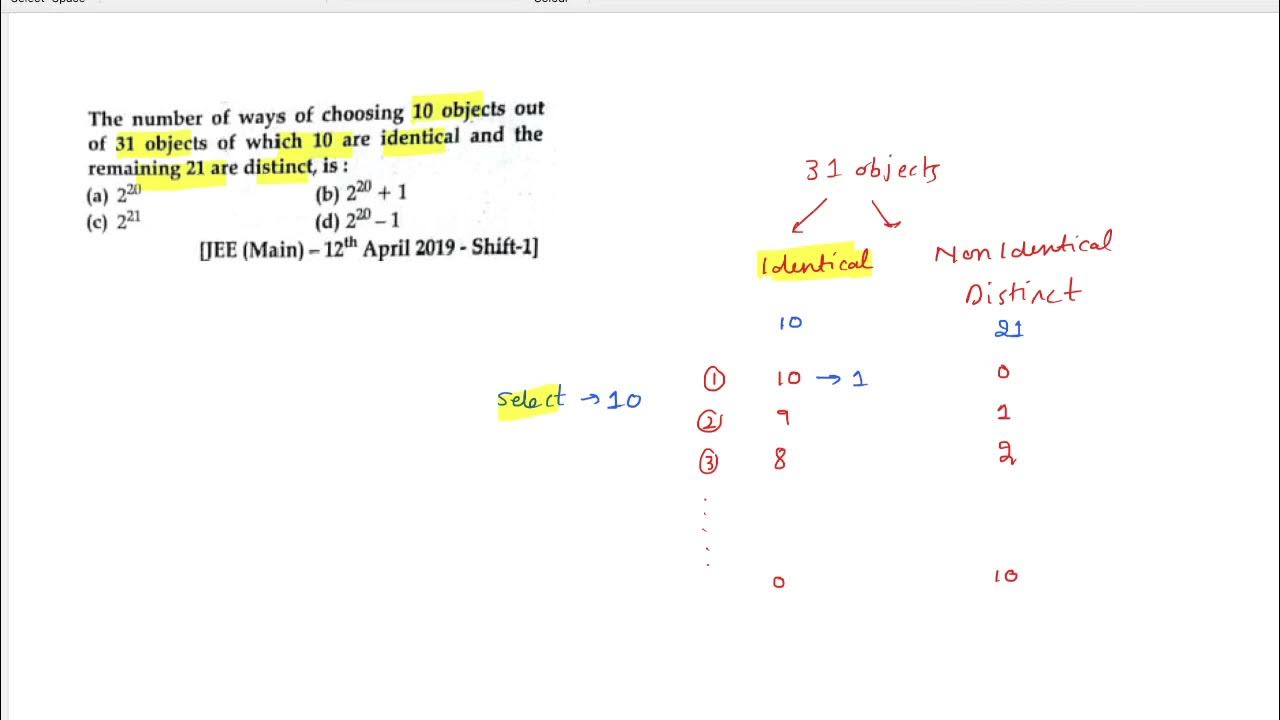 The number of ways of choosing 10 objects out of 31 objects of which 10 are identical and the ...