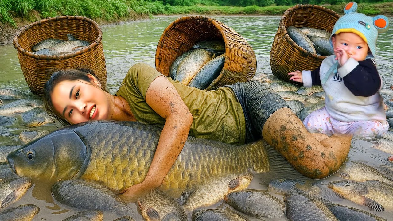 Single mom Harvests giant fish ponds to sell at the market with little ...