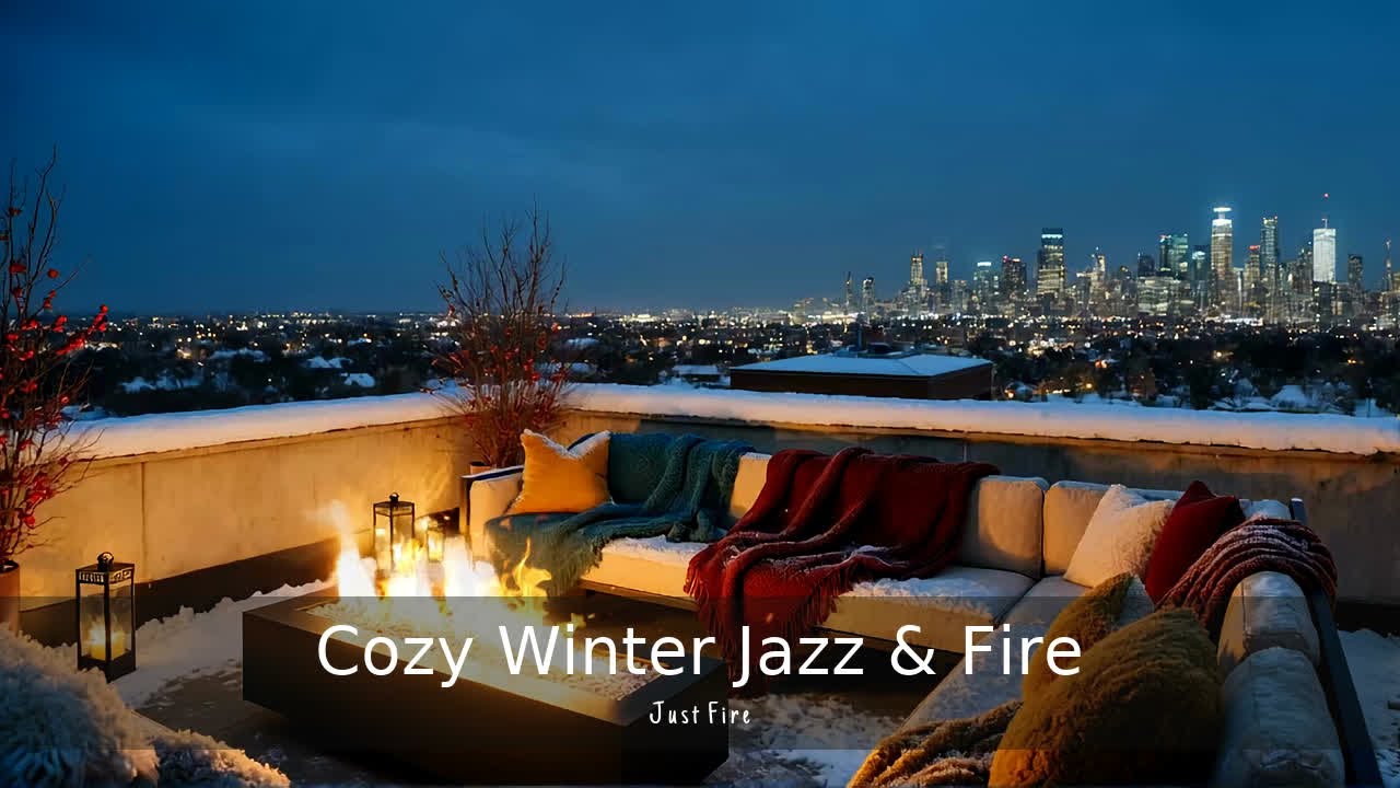 Rooftop Winter Lounge Glowing Warmly While Cozy Fireplace Jazz Plays ...