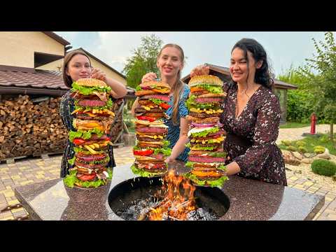 A meter-long Cheeseburger made of Steak, Cutlets, Cheese and Vegetables! Surprise everyone!