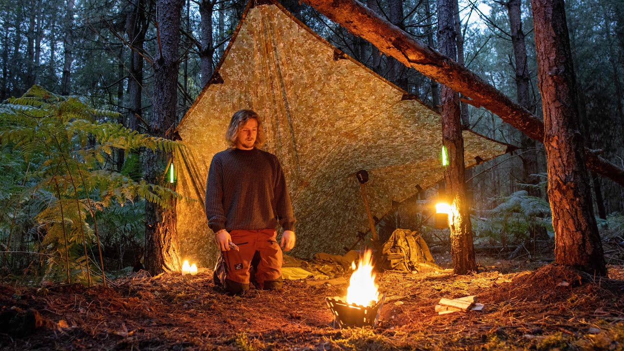 Solo Wild Camping Under A Tarp - Bushcraft Camp update - Campfire ...