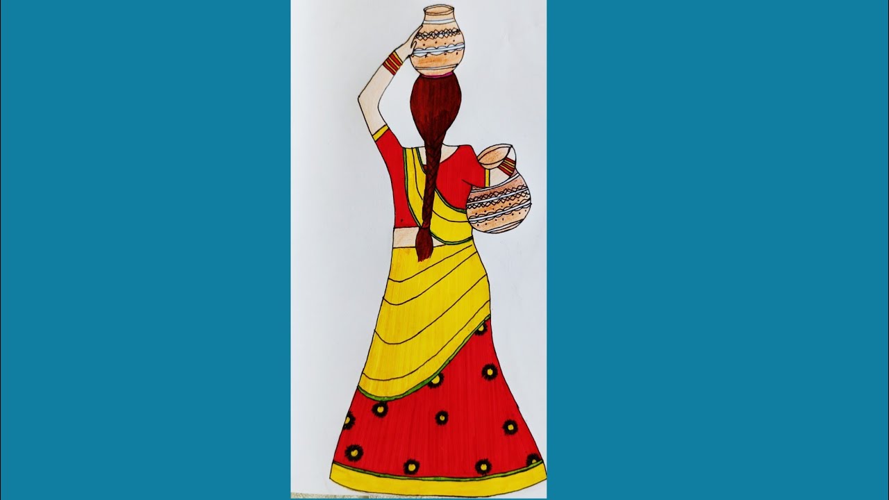 How to Draw a Traditional Girl wearing Saree || Beautiful village girl ...