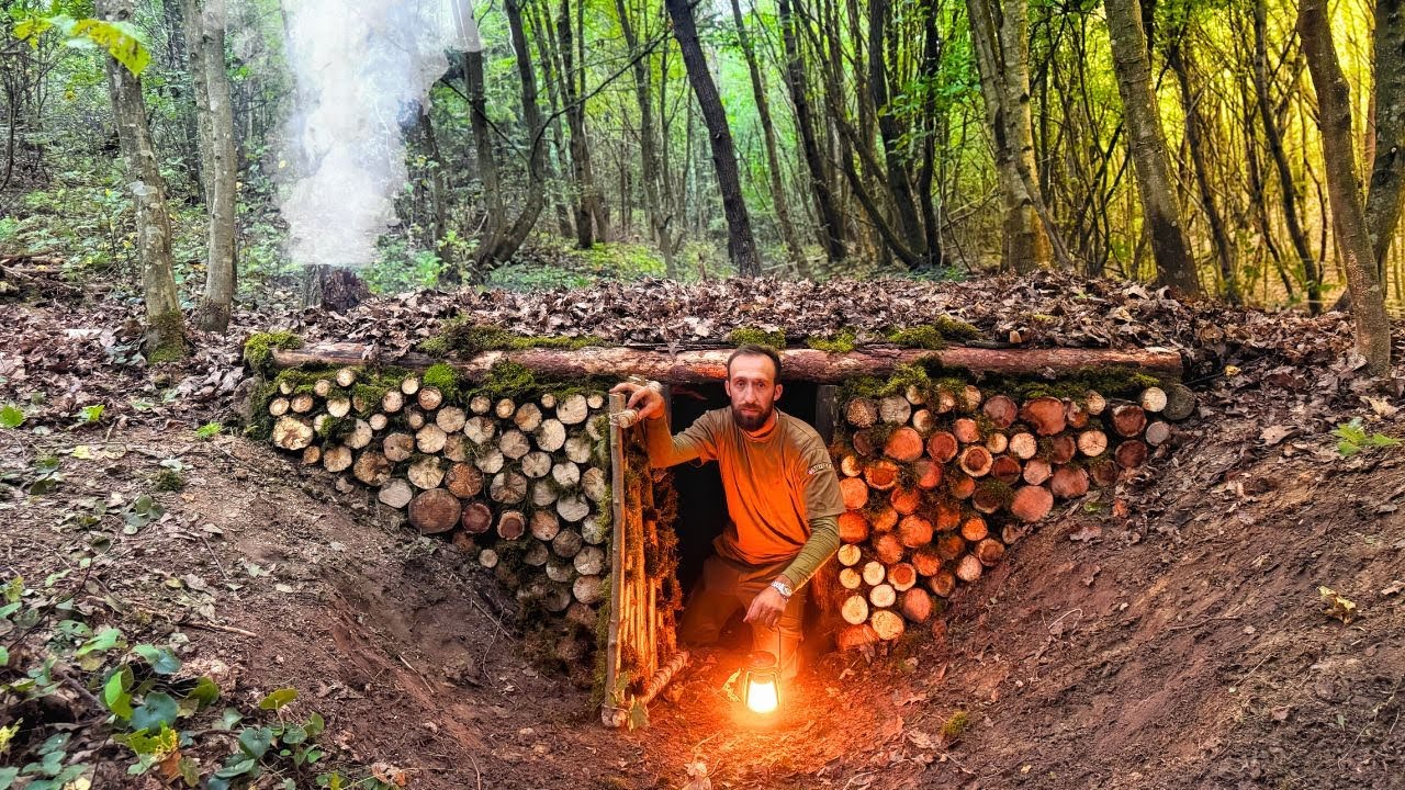 Building a forest hut from logs and leaves. Bushcraft - YouTube