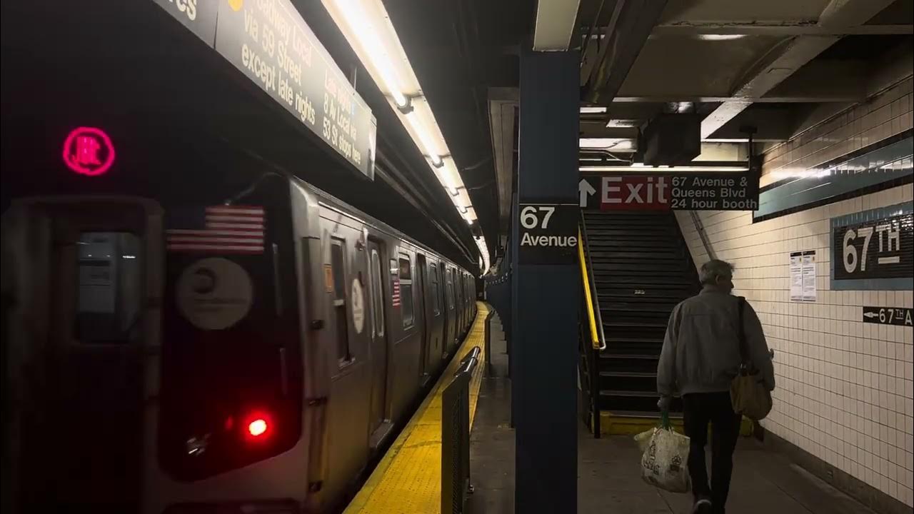 Manhattan bound R160A-2 R & R160A-1 M at 67 Av (ft platform barriers) - YouTube