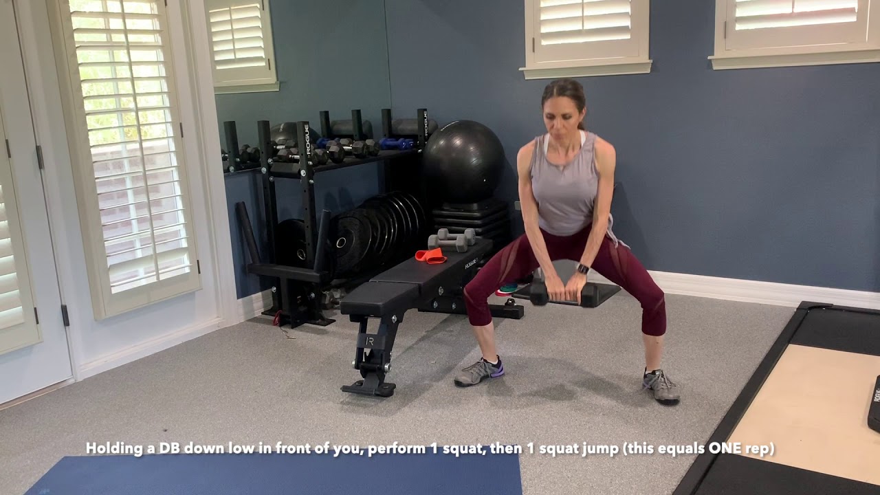 DB sumo squat to squat jump - YouTube