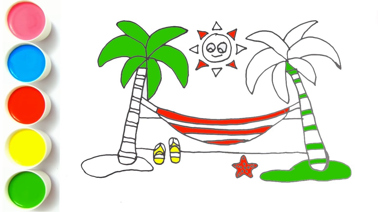 Summer Beach Scene Drawing & Coloring Palm Trees For kids And Toddlers ...