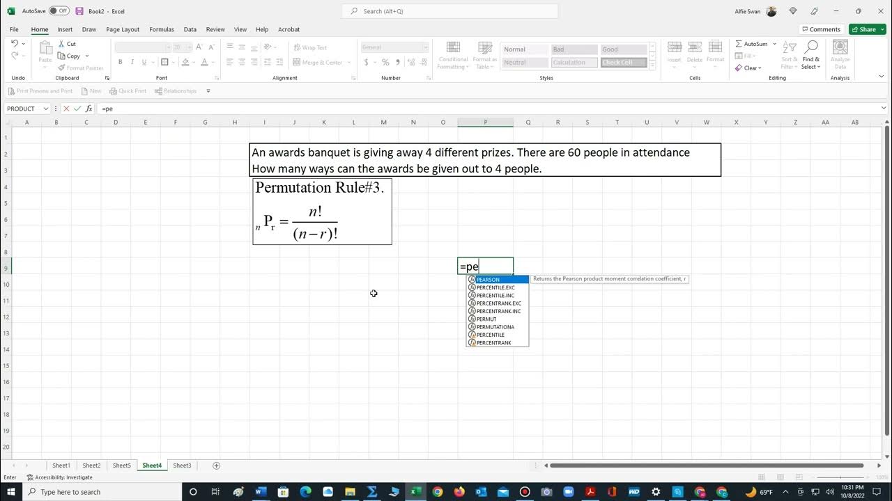 Example of Permutation Rule#3 using MS Excel - YouTube