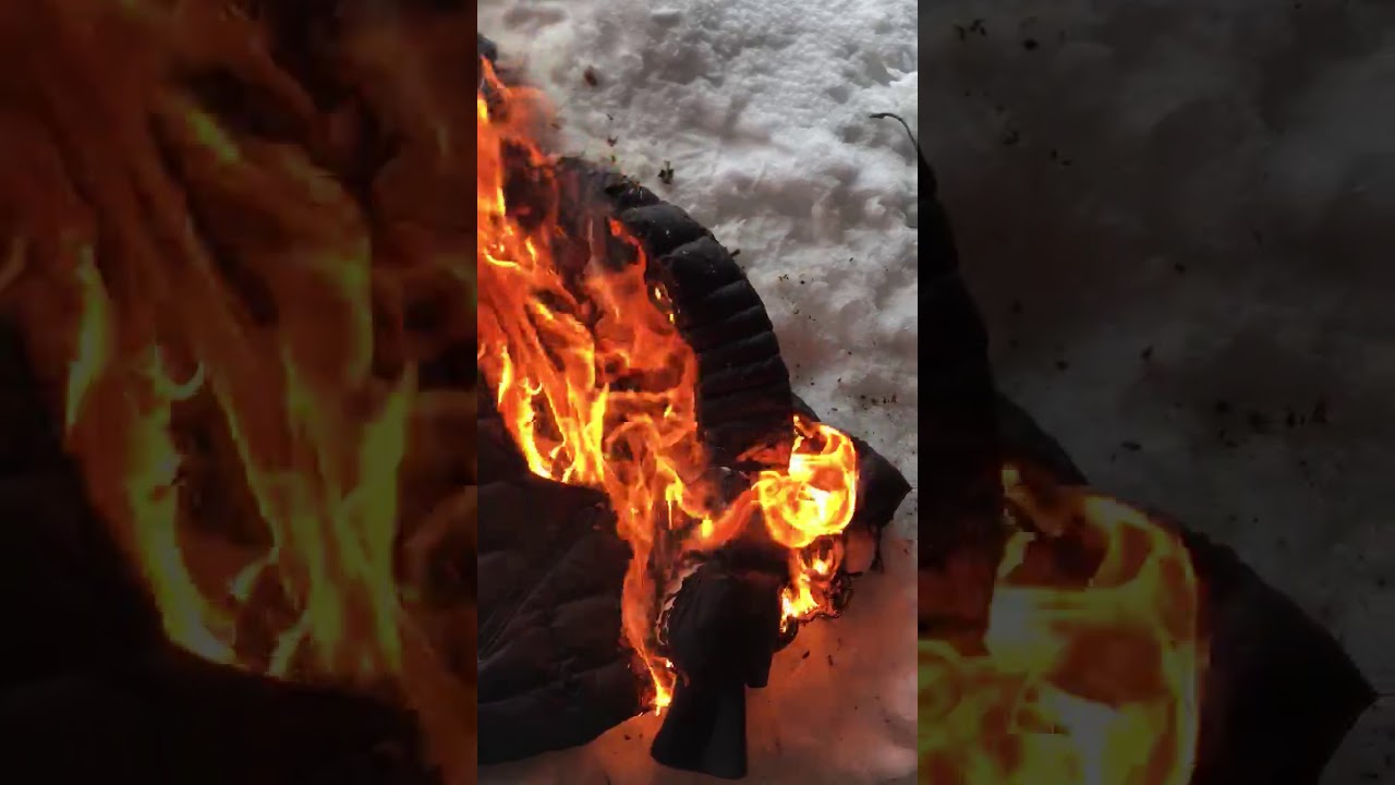 Black nylon down jacket on fire pt 2 - YouTube