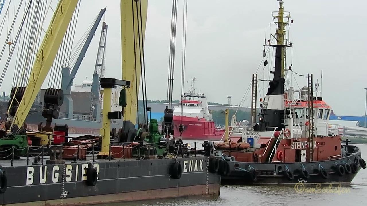 700 ton Bugsier craneship ENAK IMO 6826858 & tug STEINBOCK DEEH IMO ...