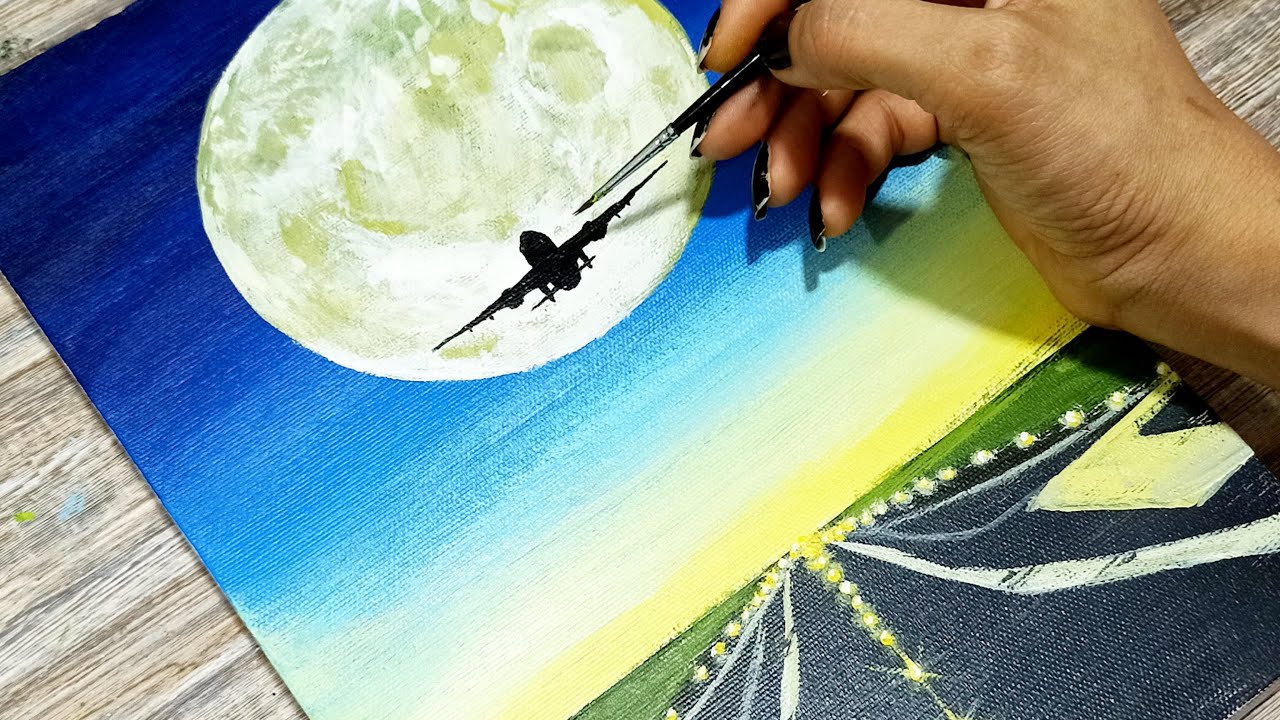 How to paint landing Airplane | Full Moon painting step by step ...