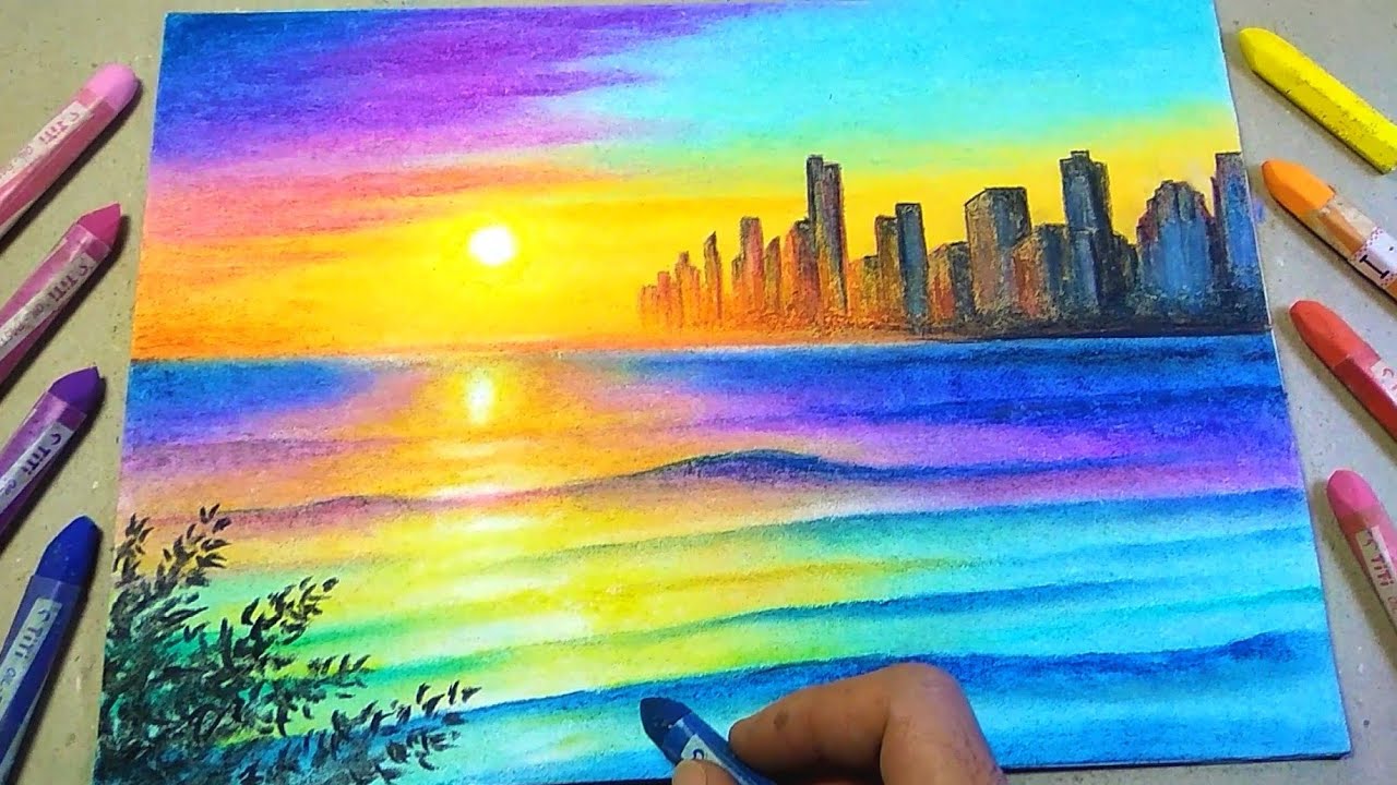 CARA MENGGAMBAR PEMANDANGAN SUNSET CITYSCAPE DENGAN OIL PASTEL - YouTube