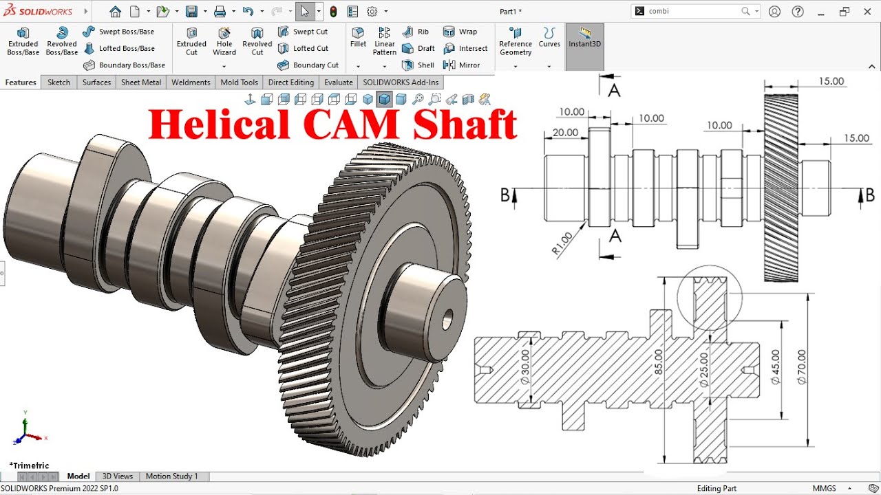 SOLIDWORKS CAM SHAFT WITH HELICAL GEAR TUTORIAL | HELICAL GEAR TYPE CAM ...
