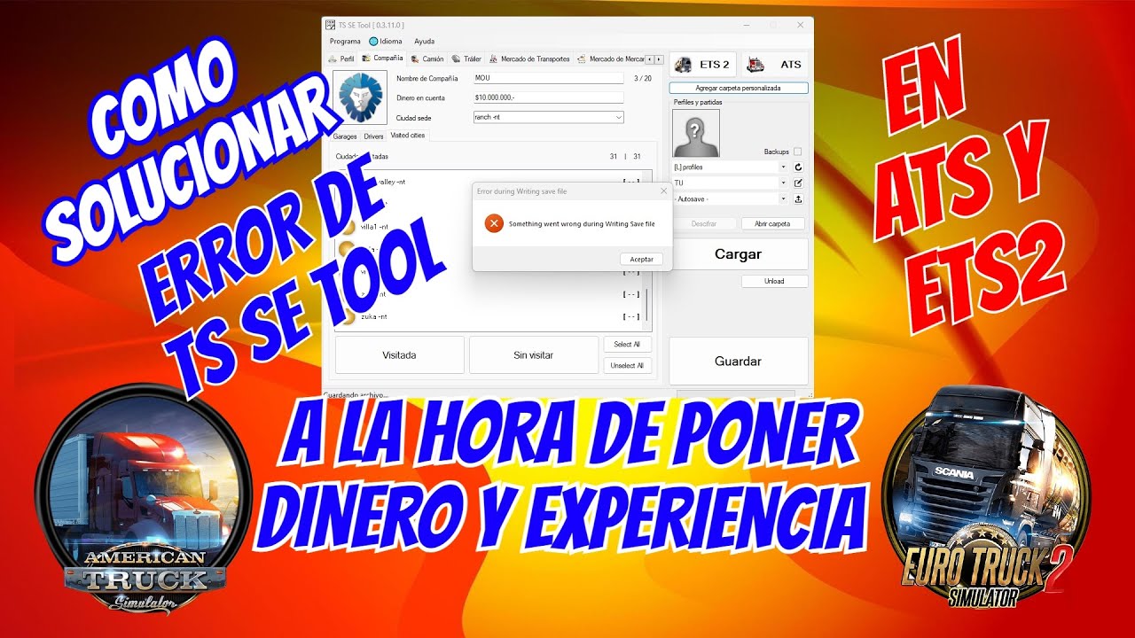 COMO SOLUCIONAR ERROR EN TS SE TOOL A LA HORA DE PONER DINERO Y EXPERIENCIA ATS Y ETS2 - YouTube